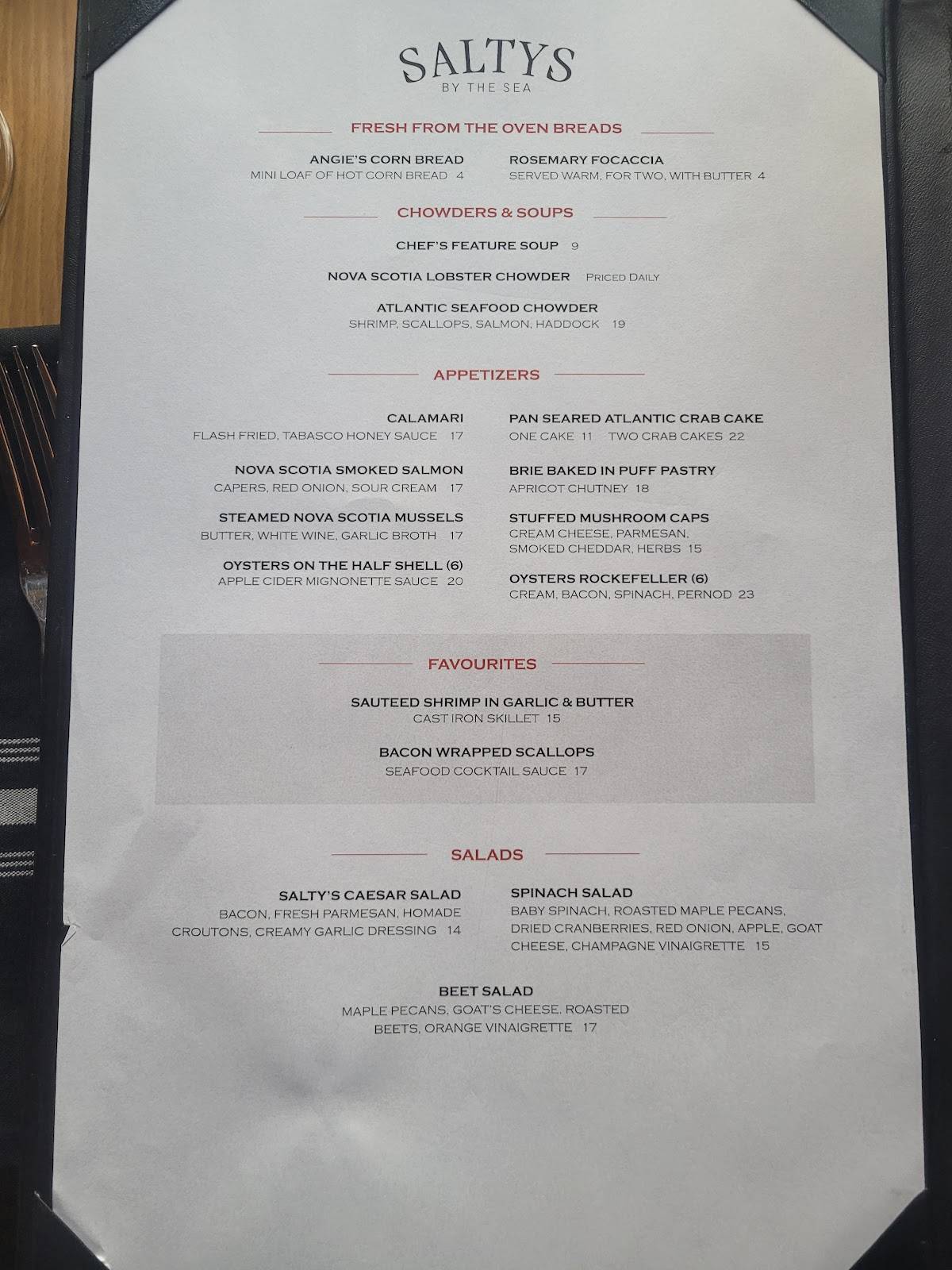 Menu at Salty's restaurant, Halifax
