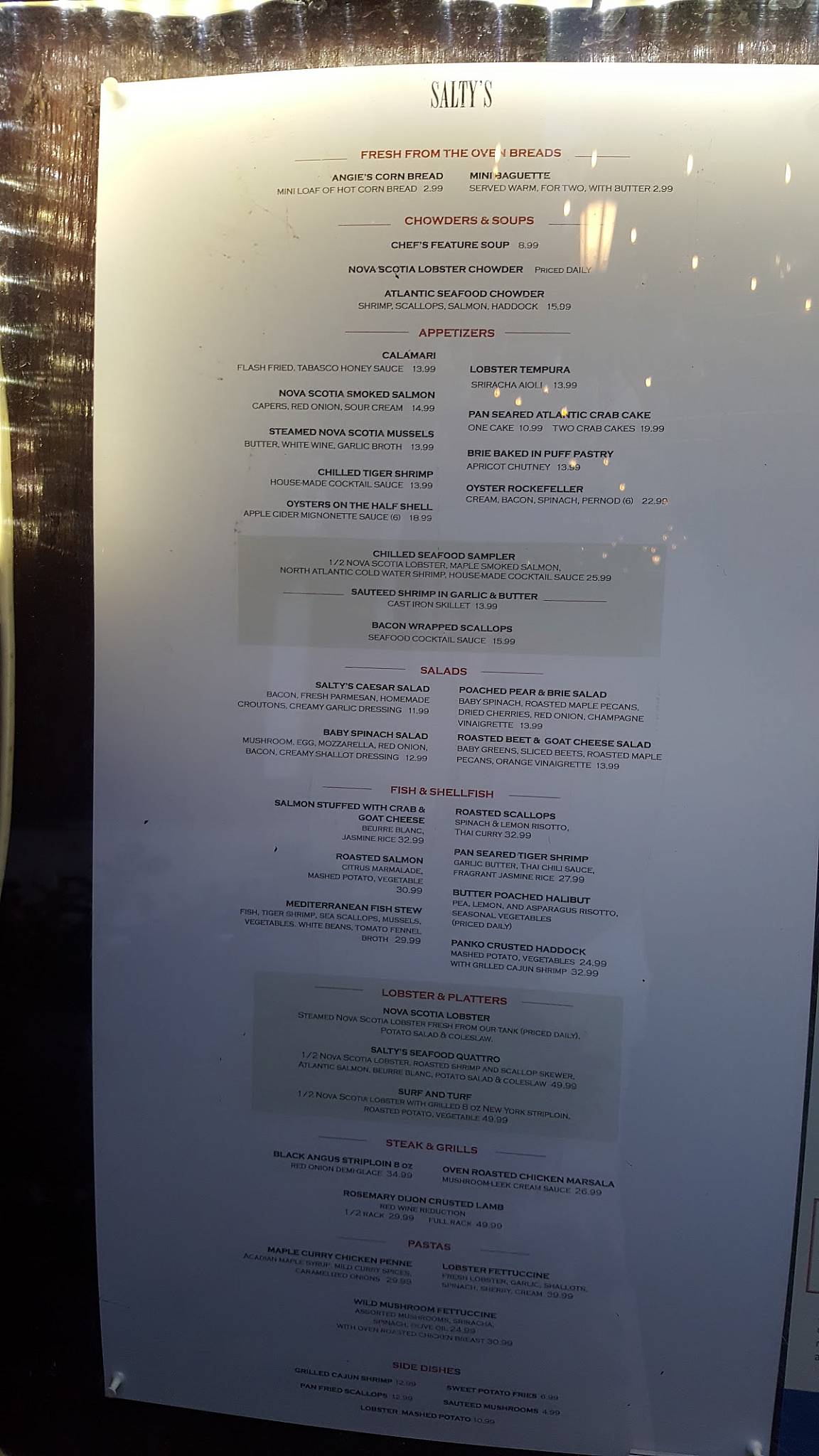 Menu at Salty's restaurant, Halifax
