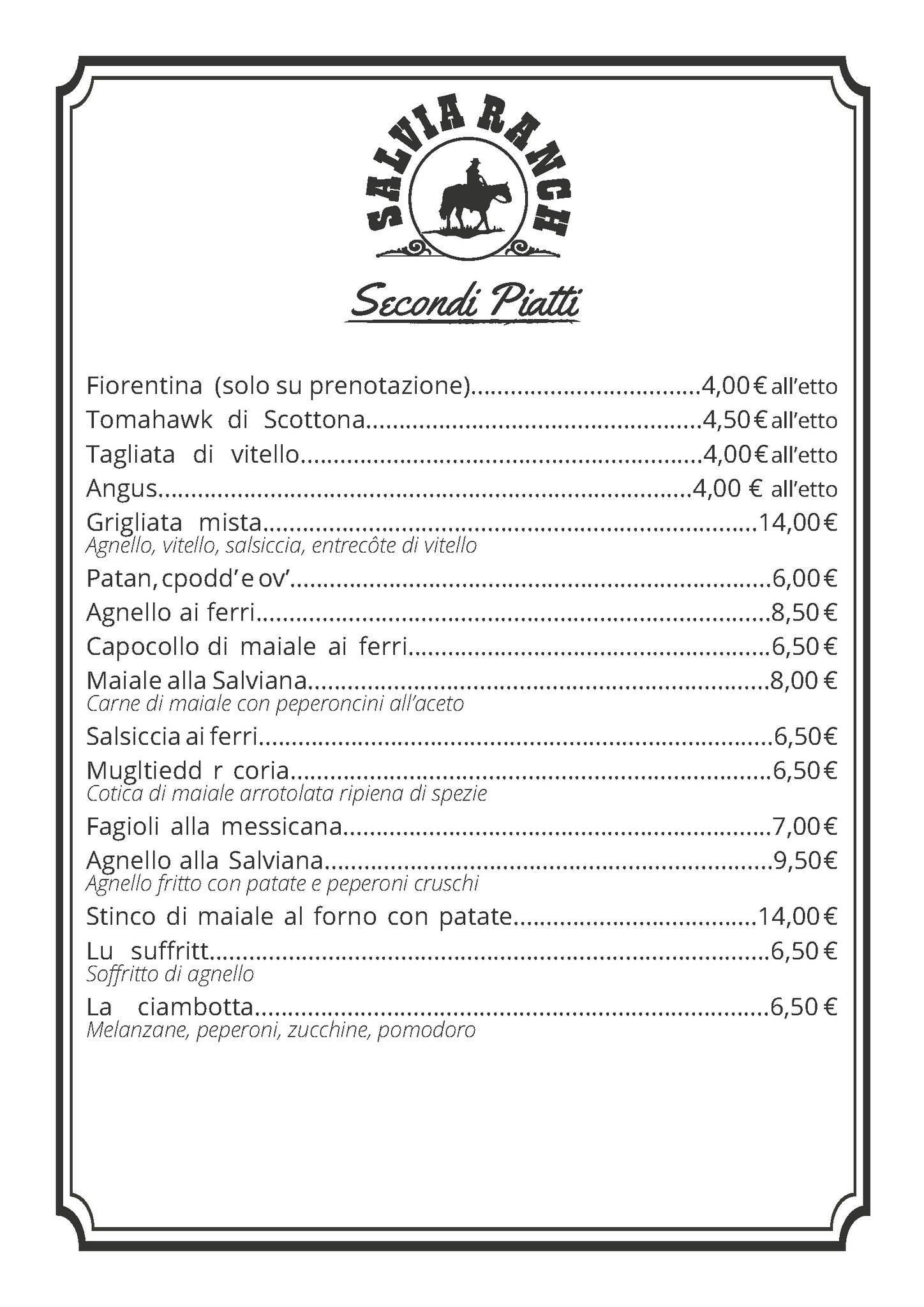 Menu da Salvia Ranch ristorante, Savoia di Lucania