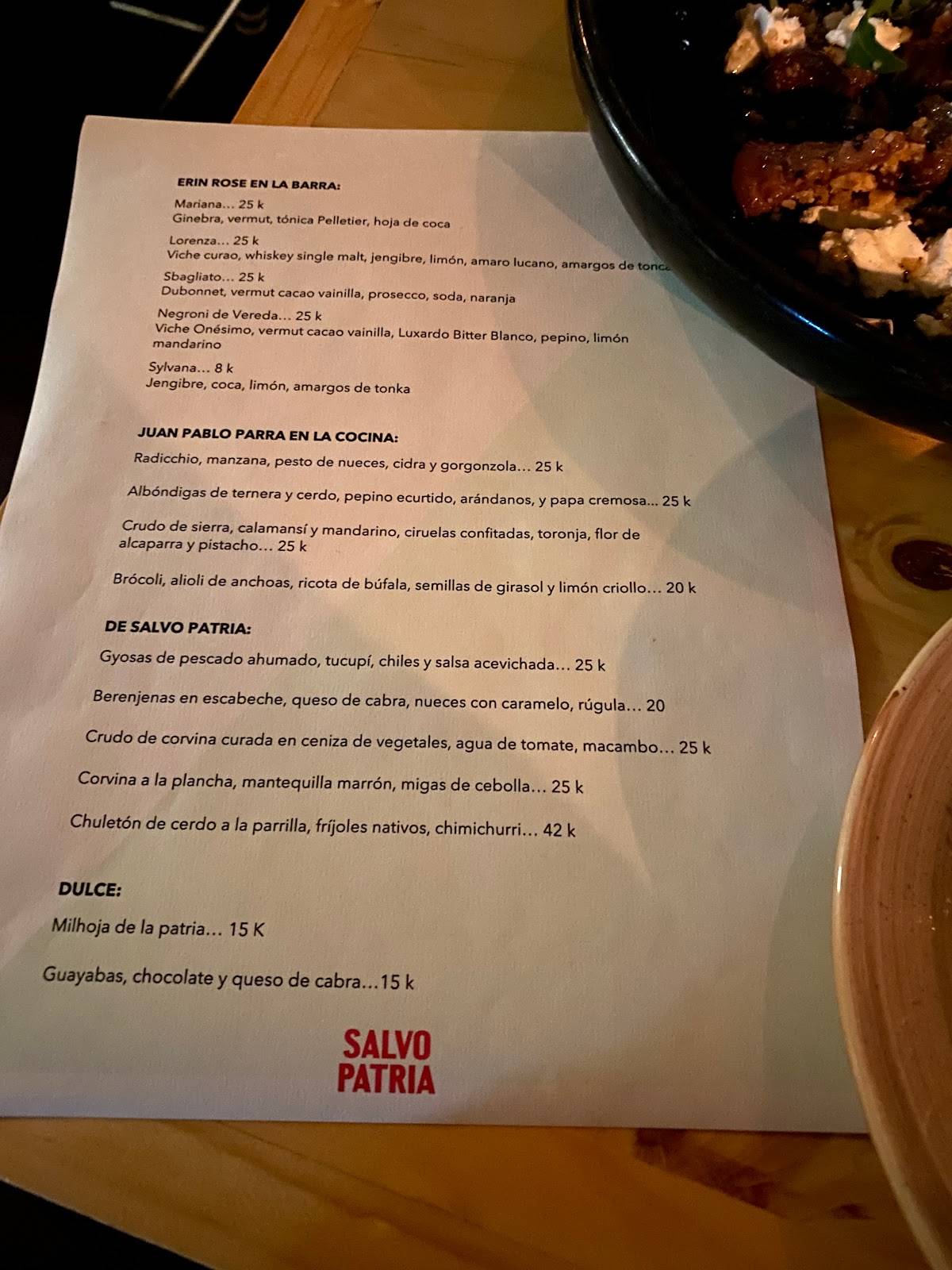 Menu at Restaurante Salvo Patria, Bogotá