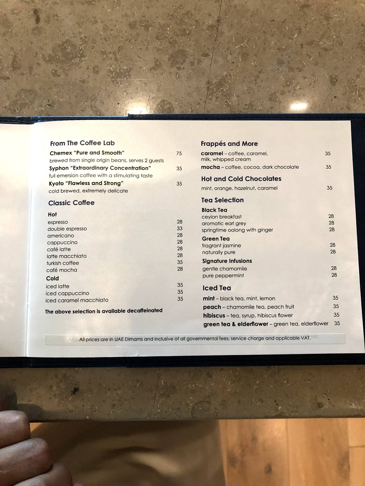 Carta del café Sama Lobby Lounge, Abu Dabi