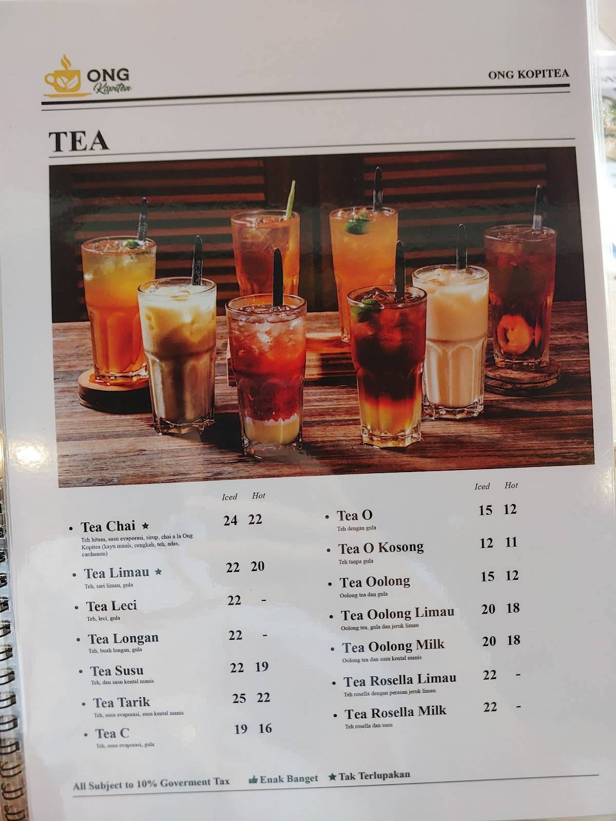 Menu at Ong Kopi Tea restaurant, Samarinda