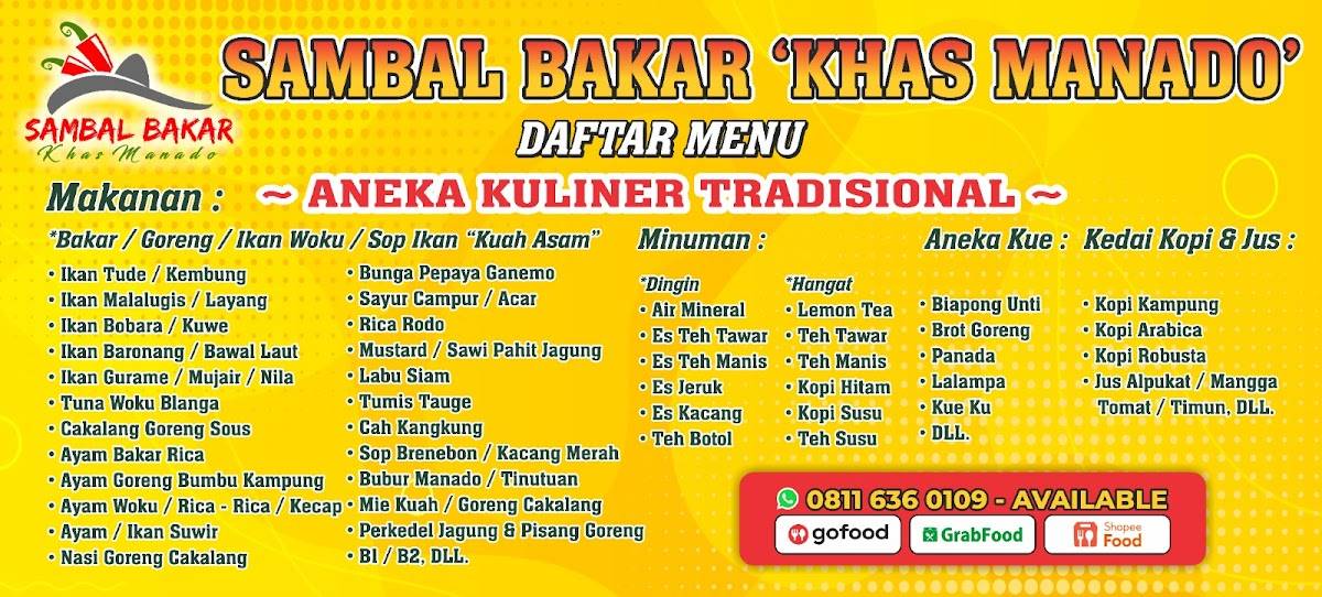 Carta del restaurante Sambal Bakar 'Khas Manado', Central Jakarta