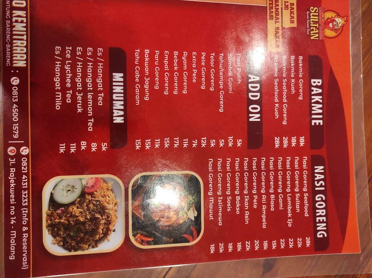 Menu at Sambal bakar sultan malang restaurant, Malang