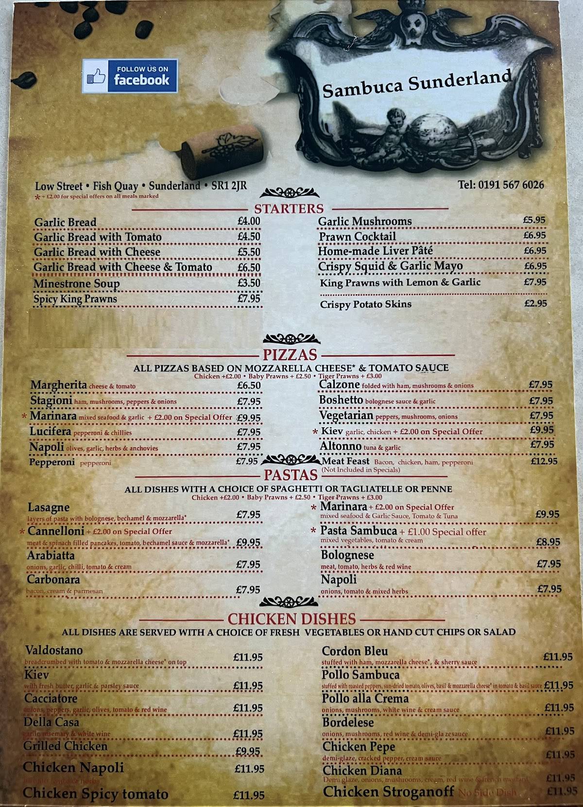 Menu at Sambuca Sunderland restaurant, Sunderland