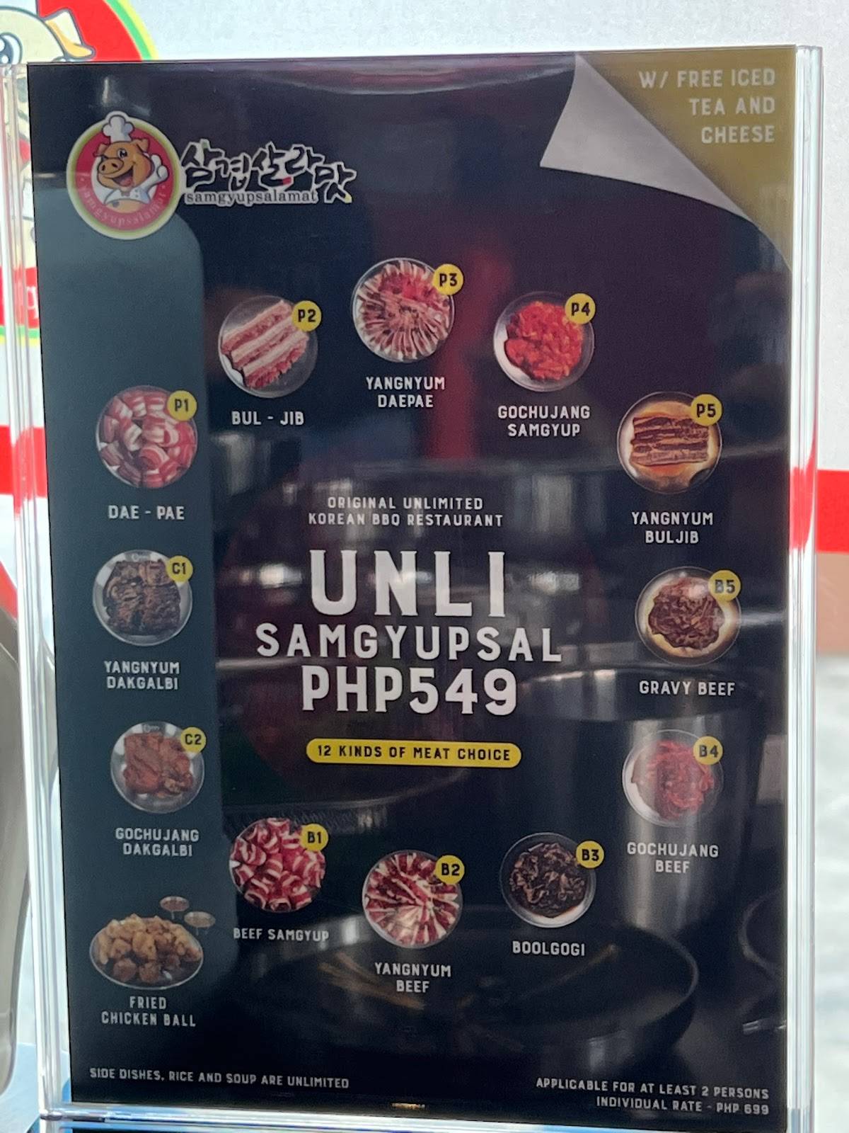 Menu at Samgyupsalamat Davao Quirino restaurant, Davao City