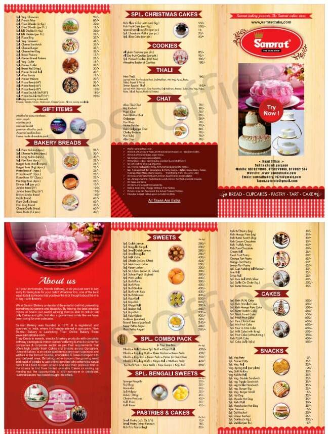 Menu at Samrat cake sweets bakery and snacks, Gurugram