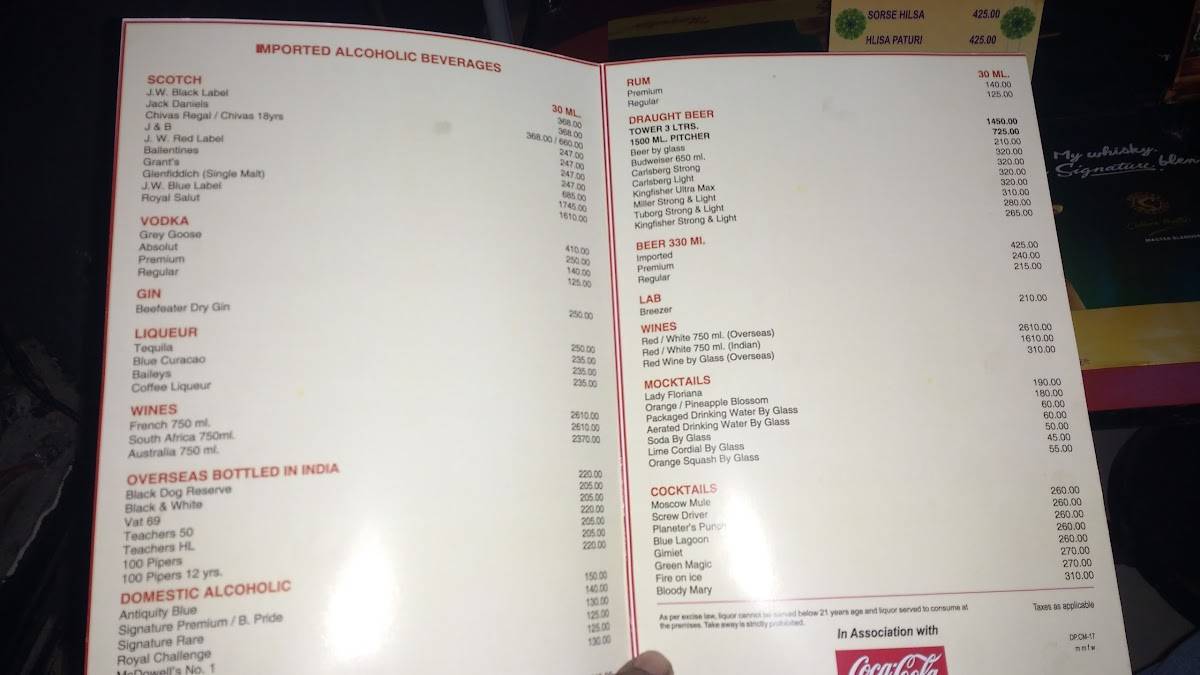 Menu at Sam's Pub, Kolkata