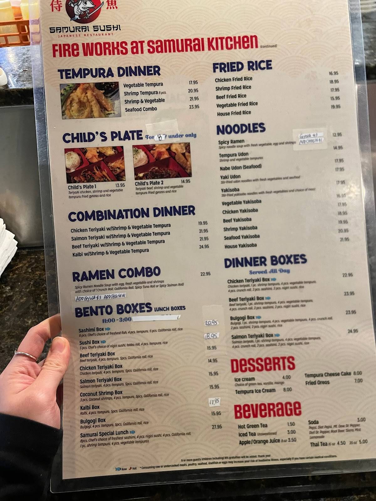Menu at Samurai Sushi restaurant, Anchorage