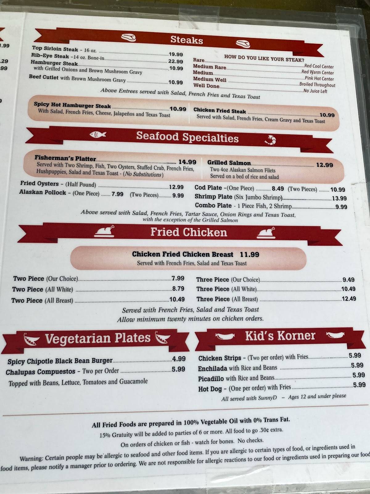 Menu at M.K. Davis Restaurant, San Antonio
