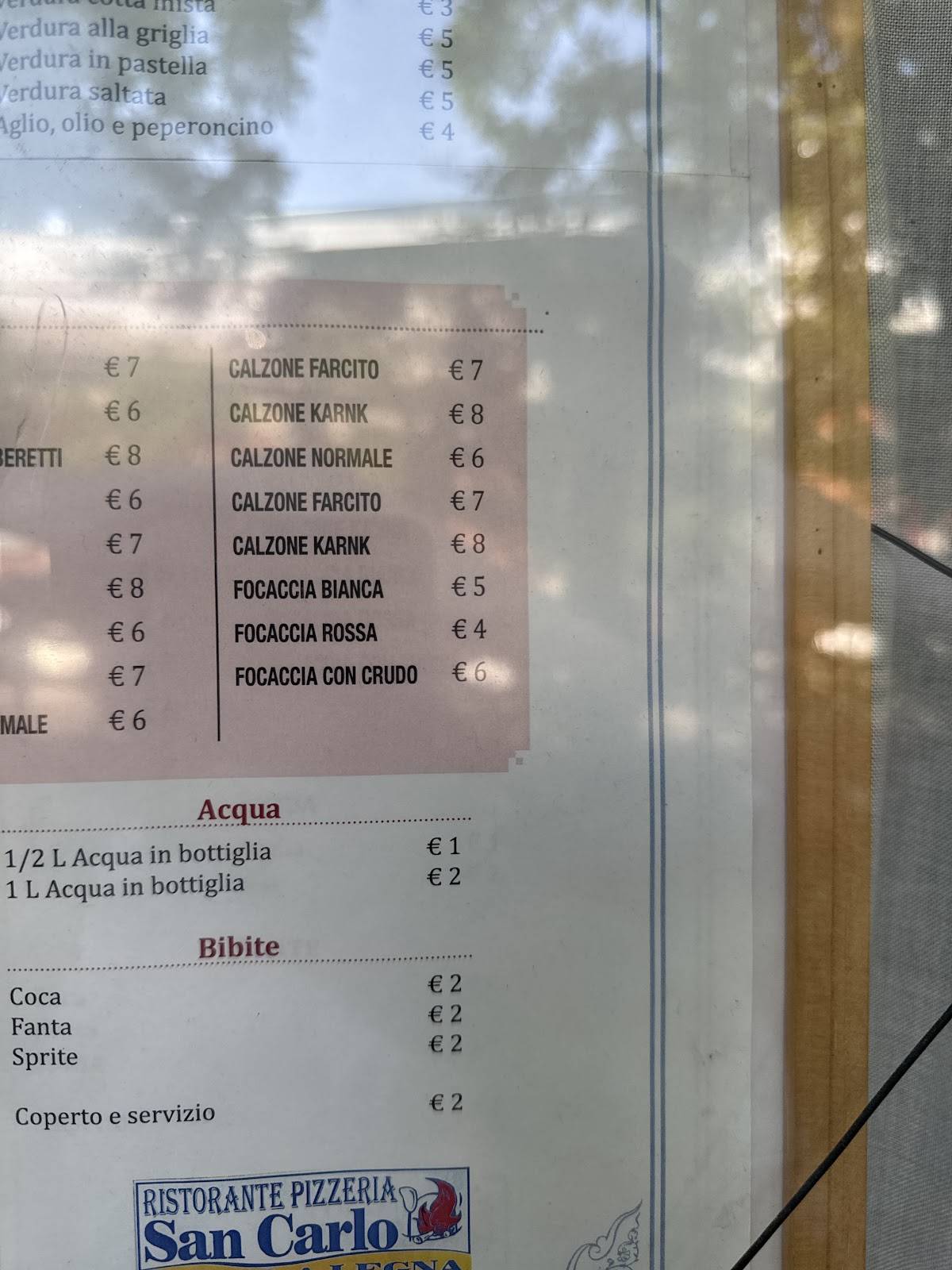 Menu da San Carlo ristorante, Milano, Via Andrea Solari