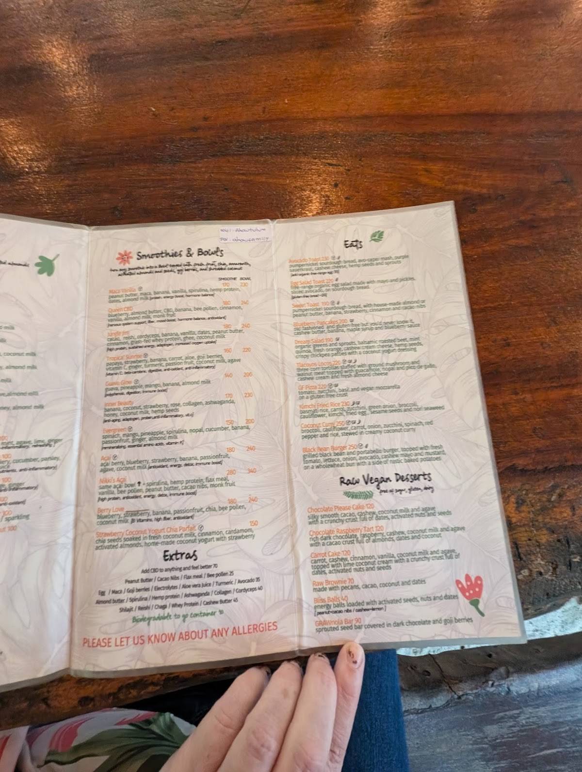 Menu at Sun Love Cafe, Tulum