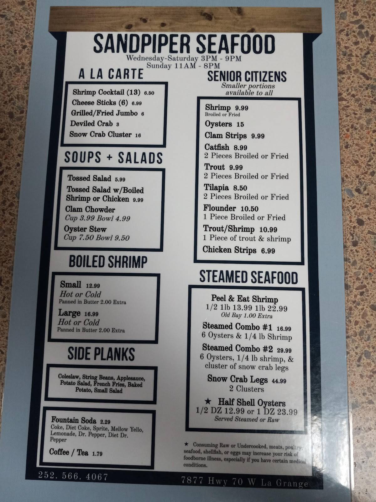 Menu at Sandpiper Seafood and Oyster Bar, La Grange