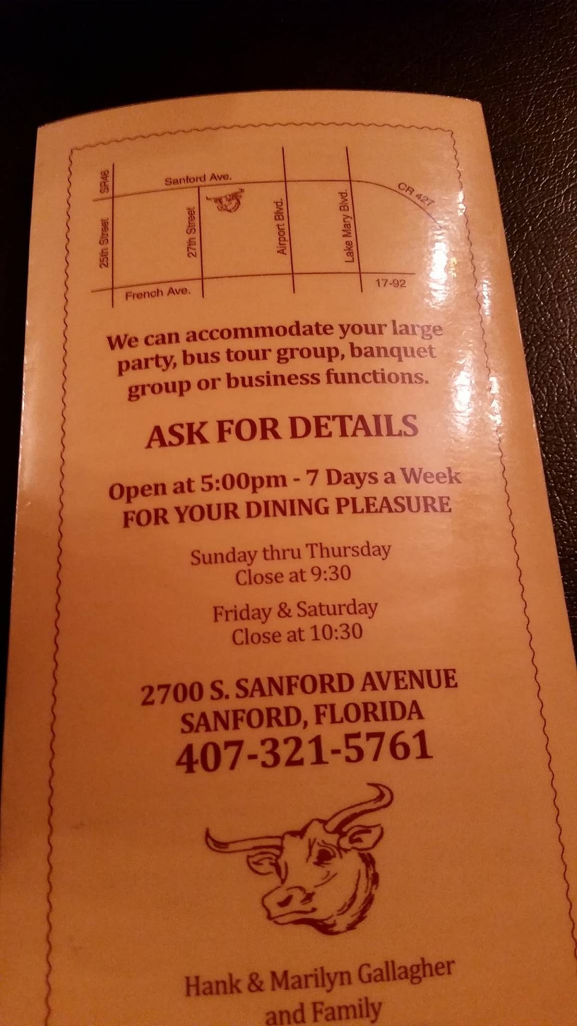 Menu at Cattle Ranch steakhouse, Sanford, Sanford Ave