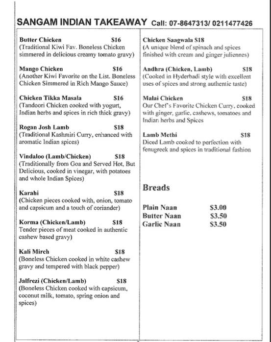 Menu at Sangam Modern Indian Eatery & Bar Tairua, Tairua