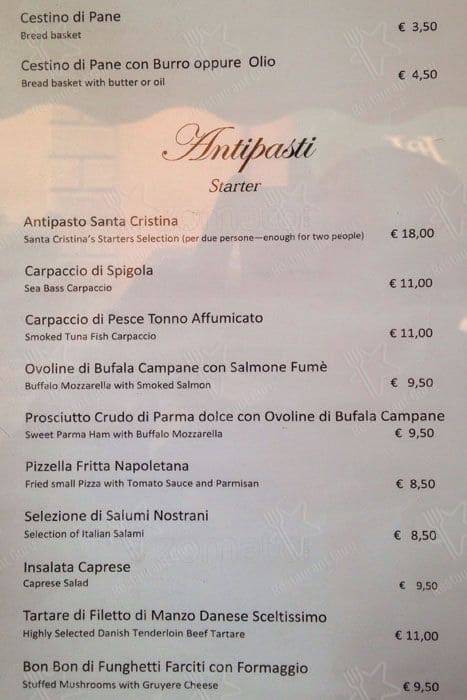 Menu at Ristorante Santa Cristina al Quirinale, Rome
