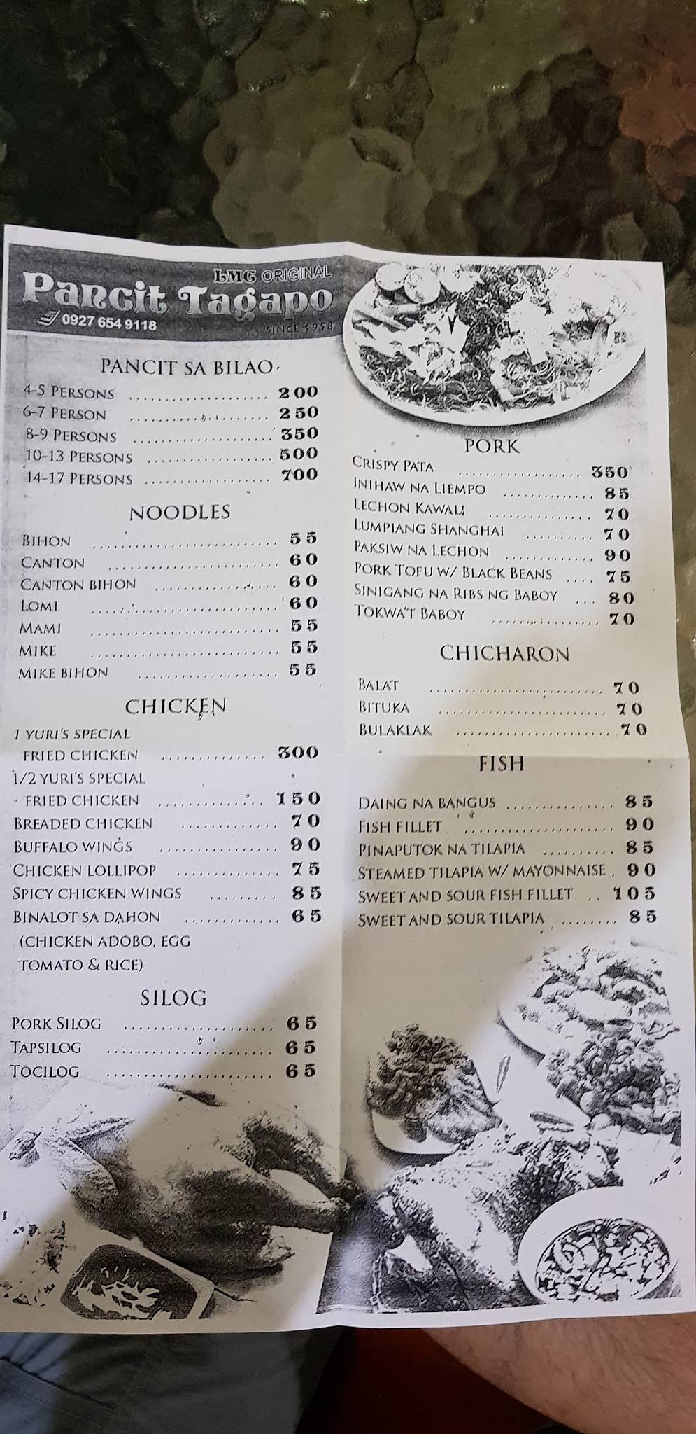 Menu at lmc original pancit tagapo restaurant, Santa Rosa
