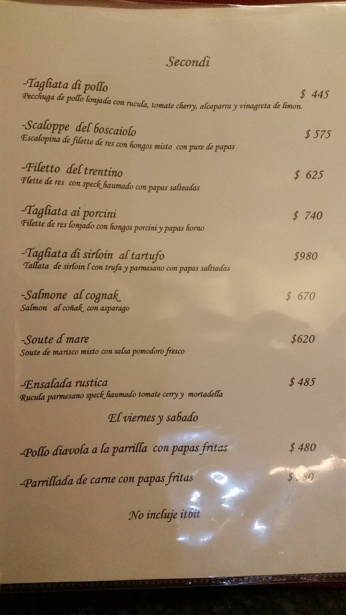 Menu at Trattoria Nicola restaurant, Santo Domingo