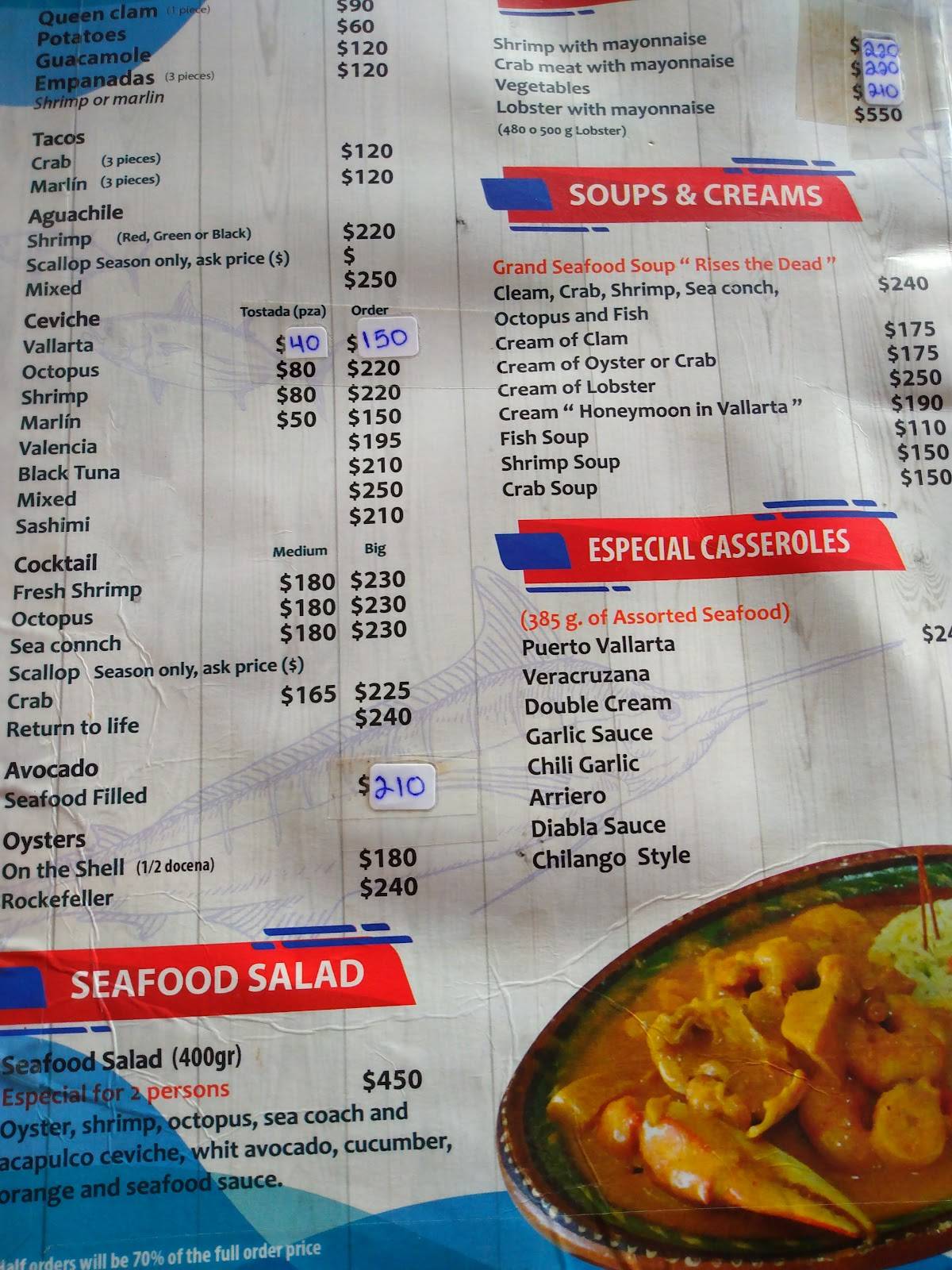 Menu at Santos Mariscos seafood restaurant, Puerto Vallarta