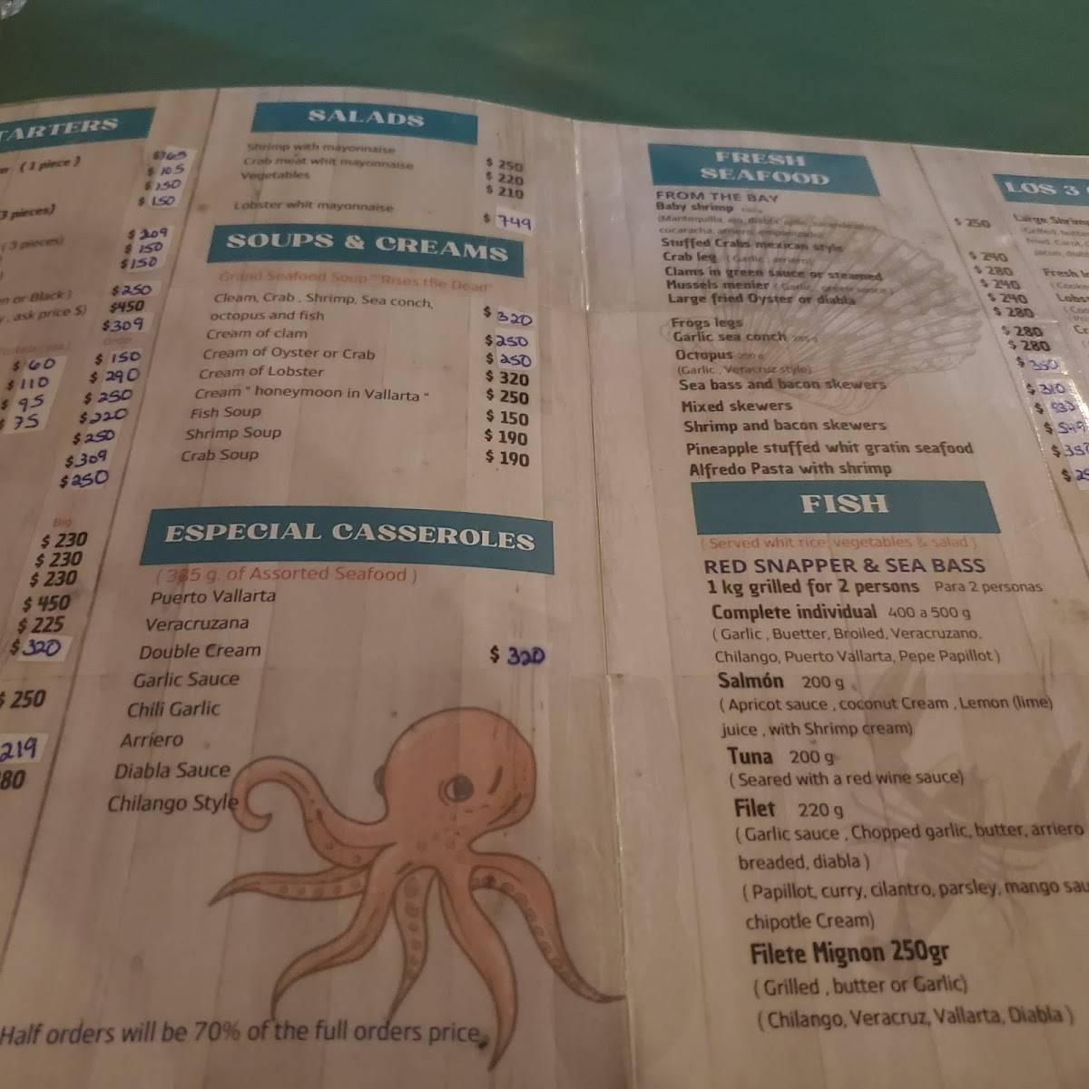Menu at Santos Mariscos seafood restaurant, Puerto Vallarta