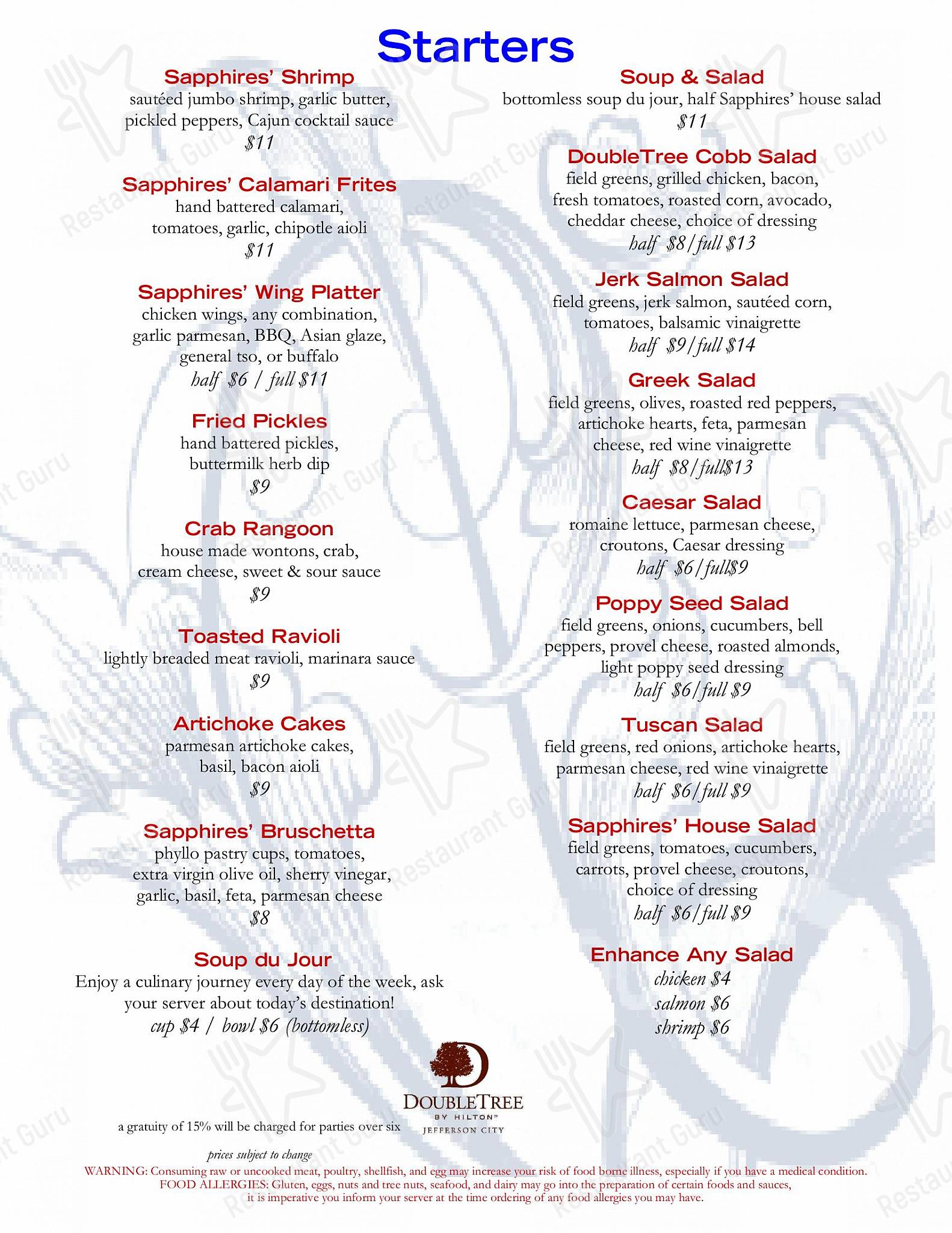 Menu at Sapphires Restaurant & Lounge at DoubleTree by Hilton Hotel ...