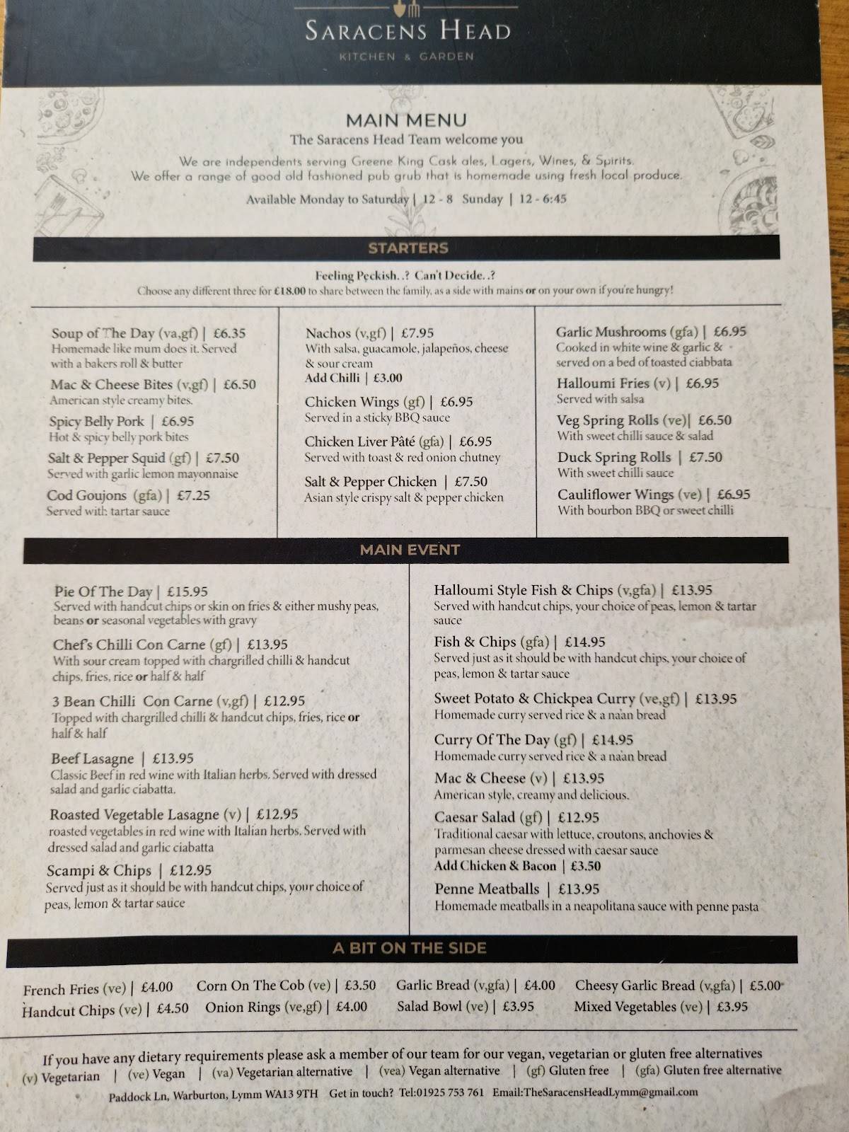 Menu at Saracens Head pub & bar, Lymm, Paddock Ln