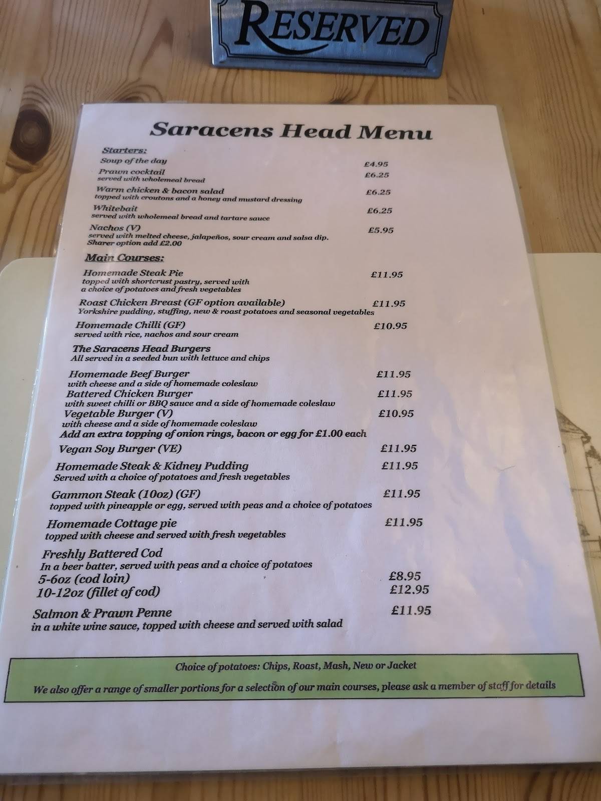 Menu at Saracens Head Newton pub & bar, Sudbury
