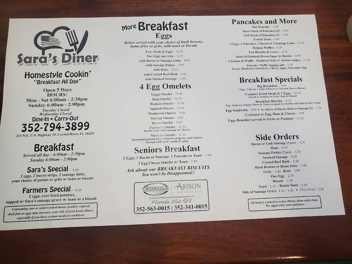 Menu at Sara's Diner restaurant, Crystal River