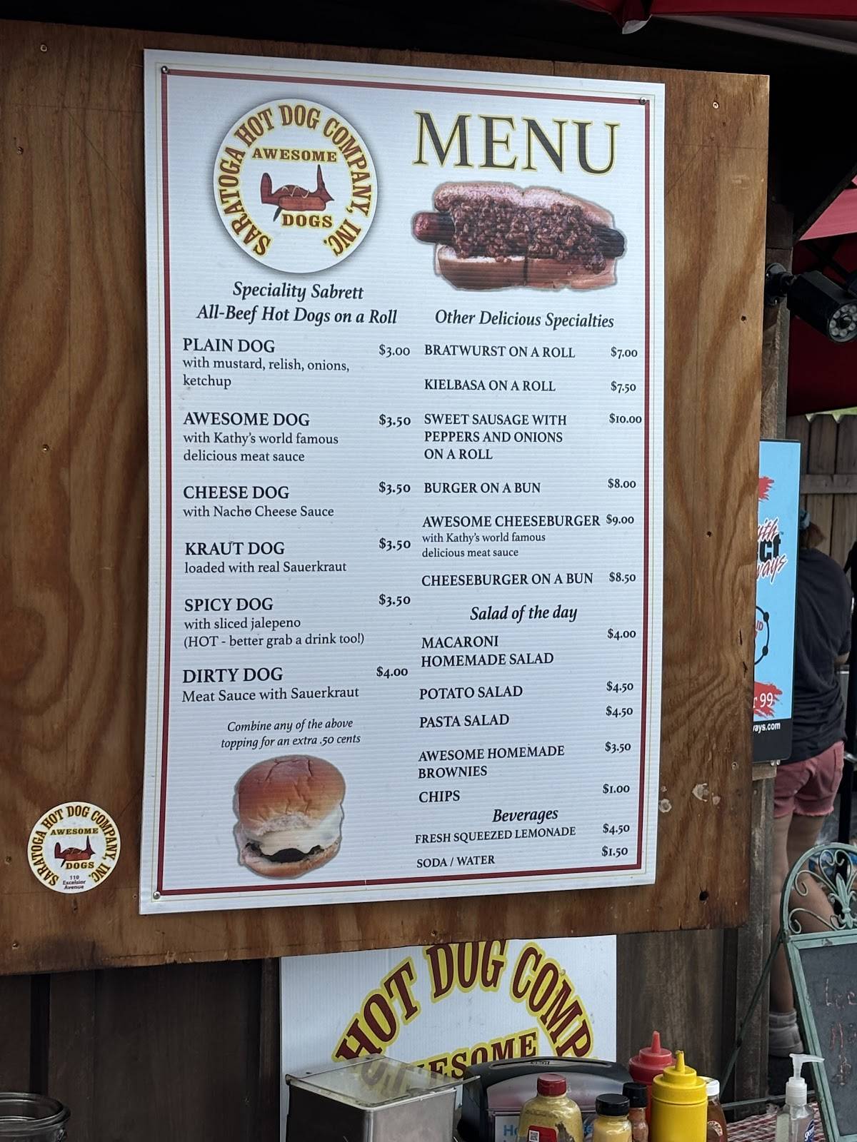 Menu at Saratoga Awesome Dogs restaurant, Saratoga Springs