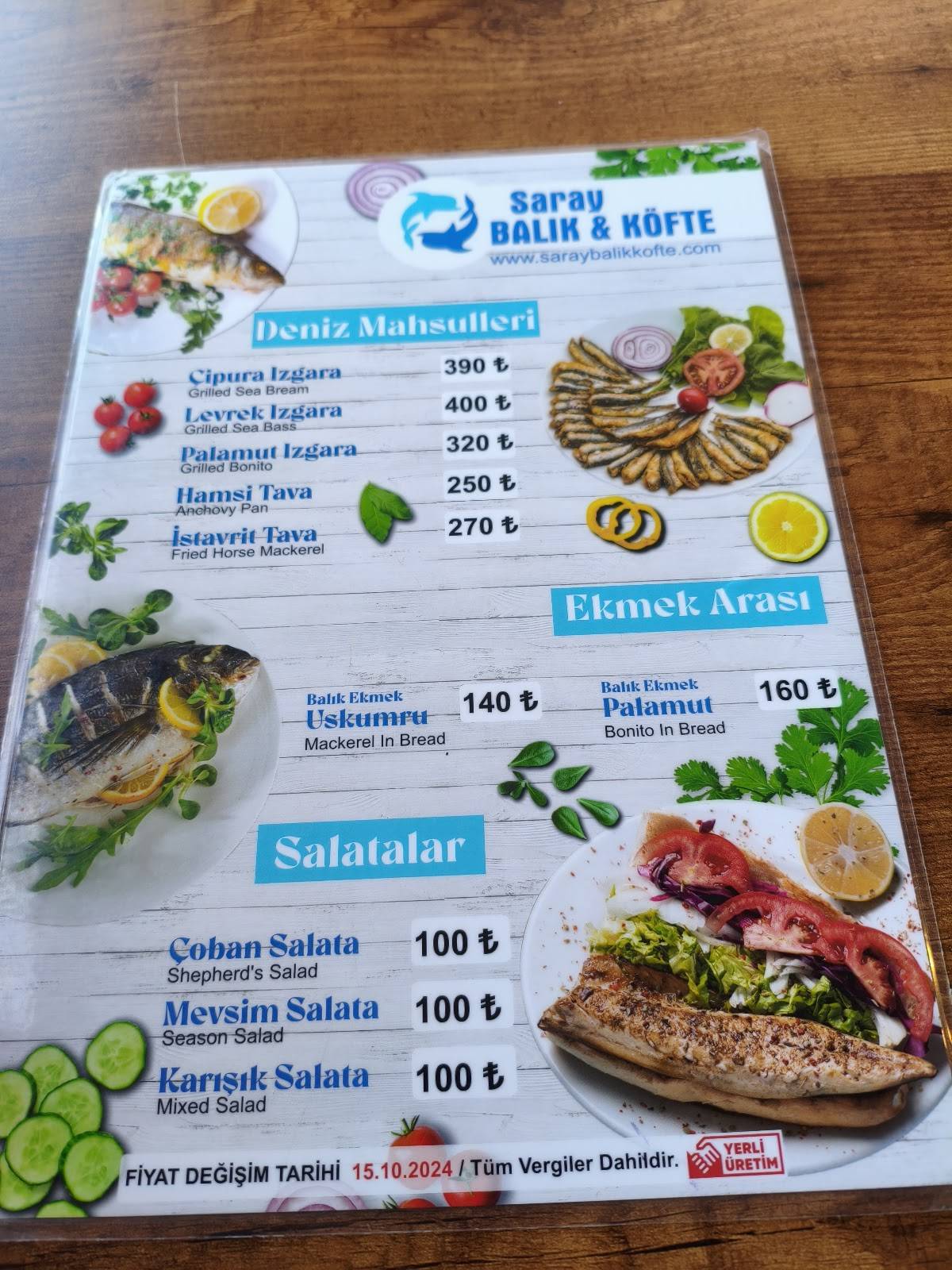 Menu au Saray Balık Köfte restaurant, Istanbul, Balaban Cd. No:35