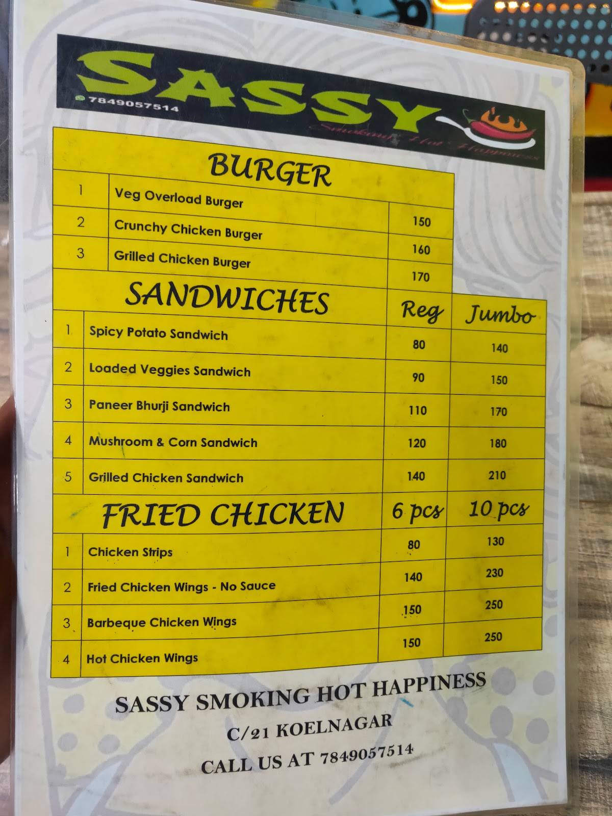 Menu at Sassy, Rourkela