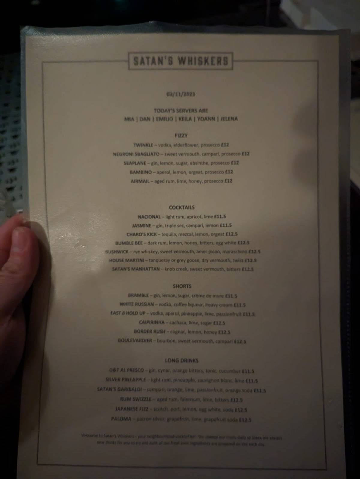 Menu at Satan's Whiskers pub & bar, London