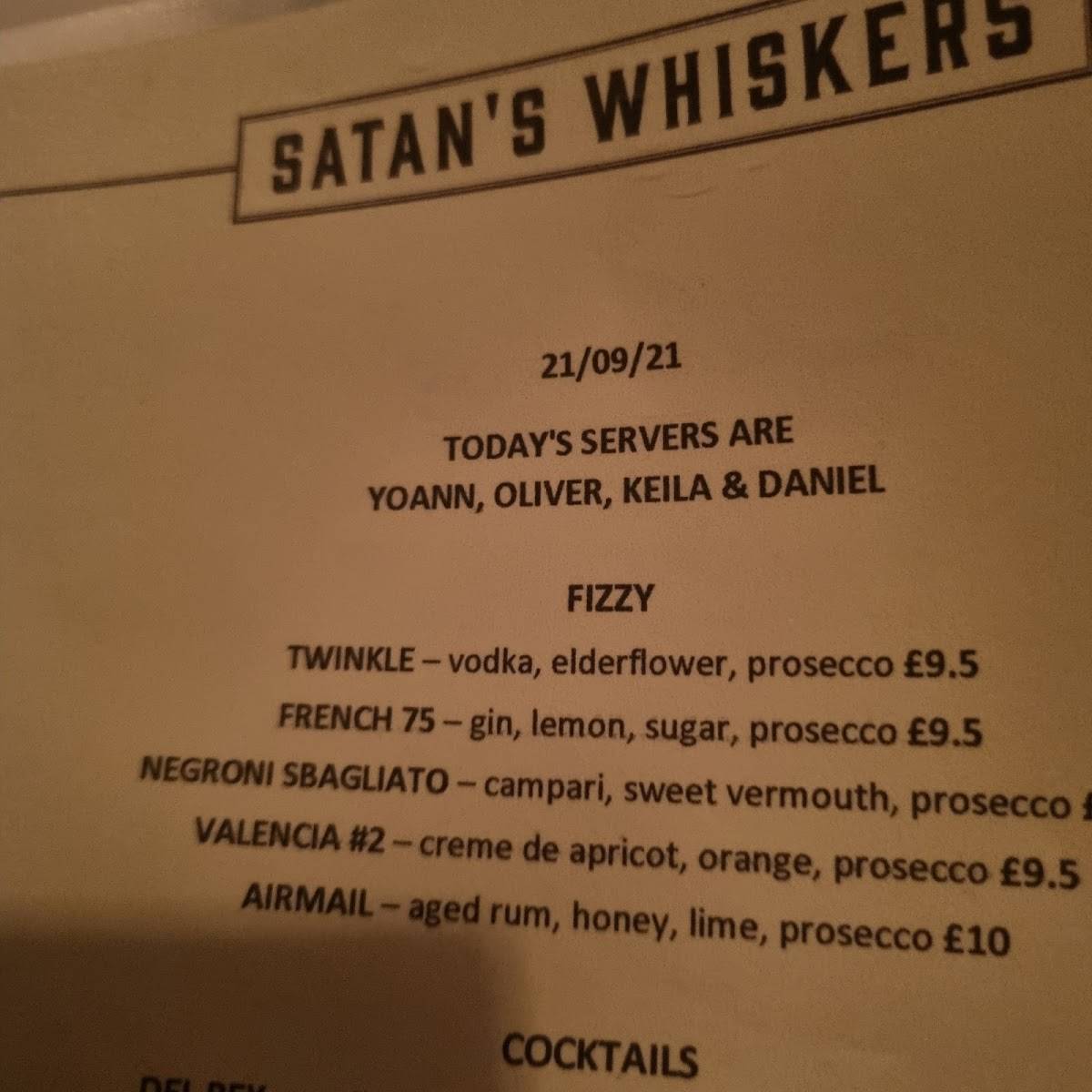 Menu at Satan's Whiskers pub & bar, London
