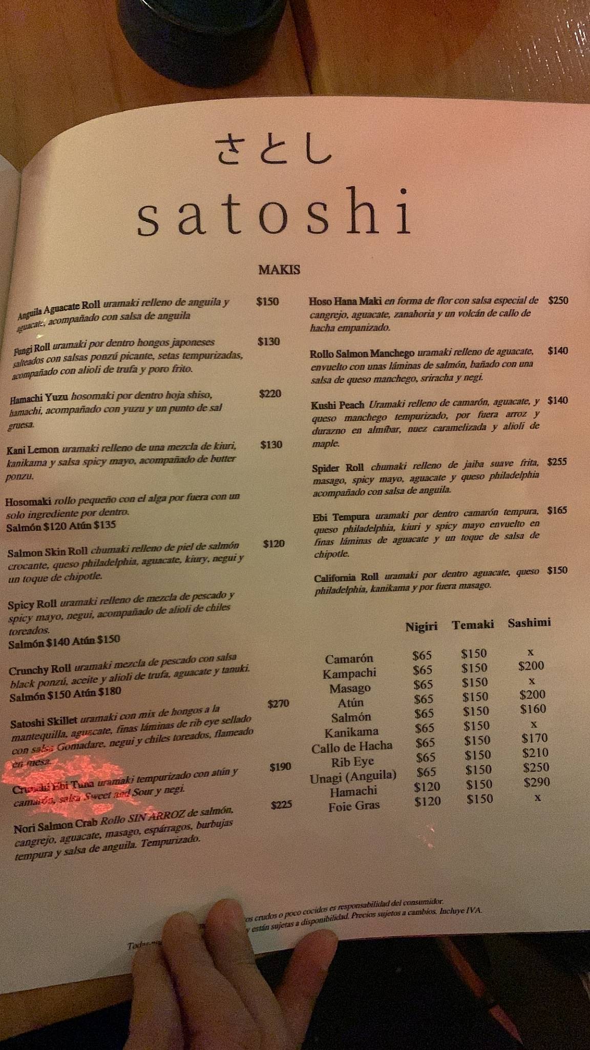 Carta del restaurante Satoshi, Ciudad López Mateos