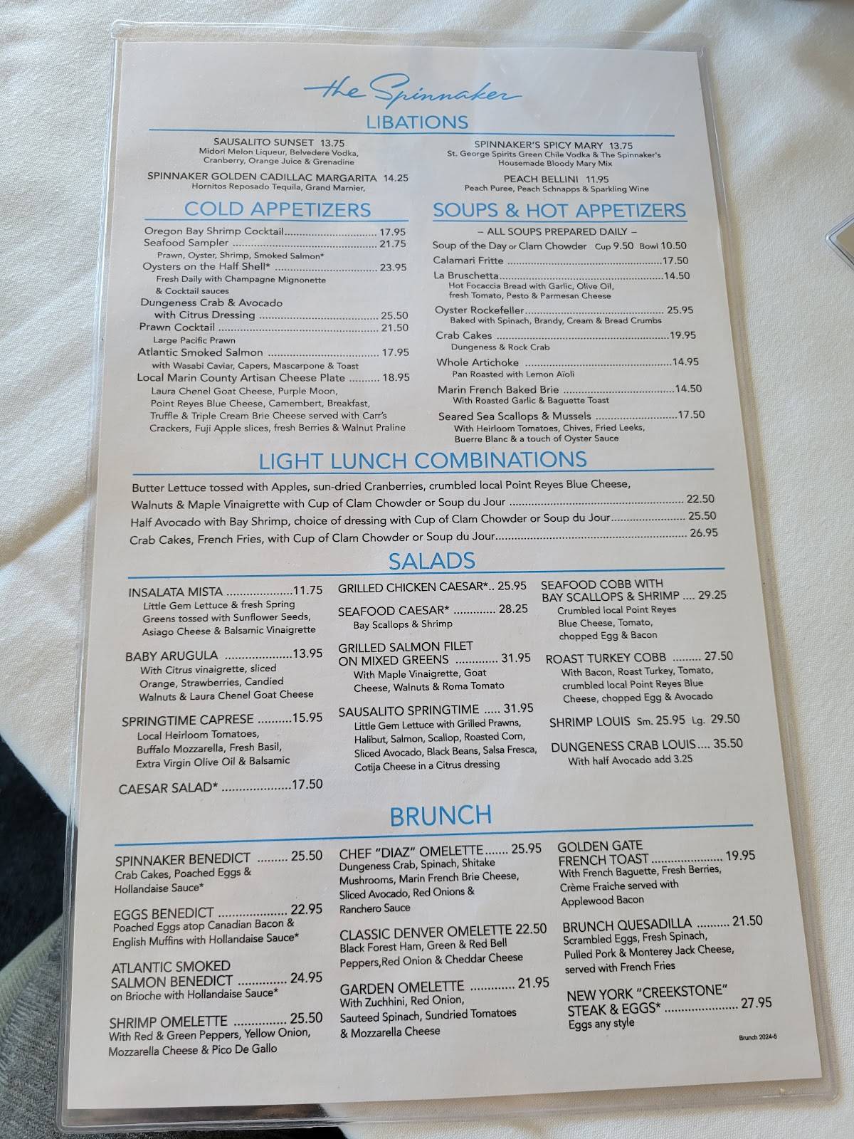 Menu at The Spinnaker pub & bar, Sausalito