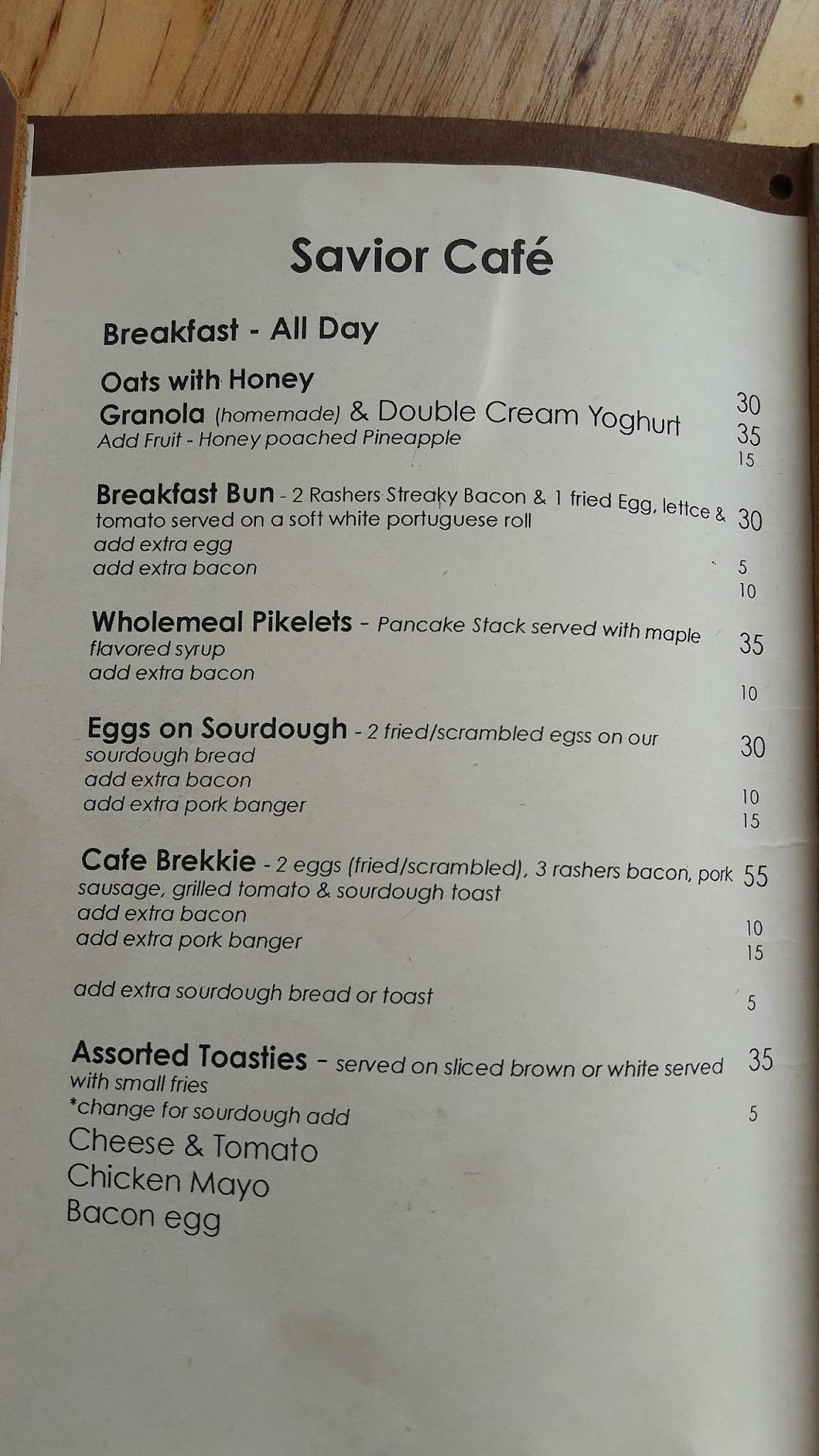 Menu at Savior Cafe, Durban