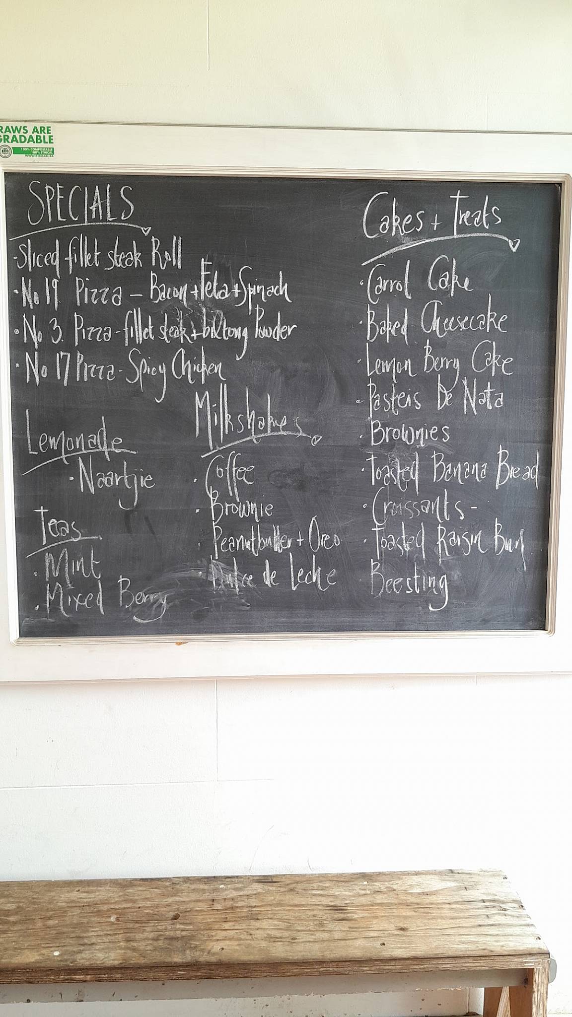 Menu at Savior Cafe, Durban