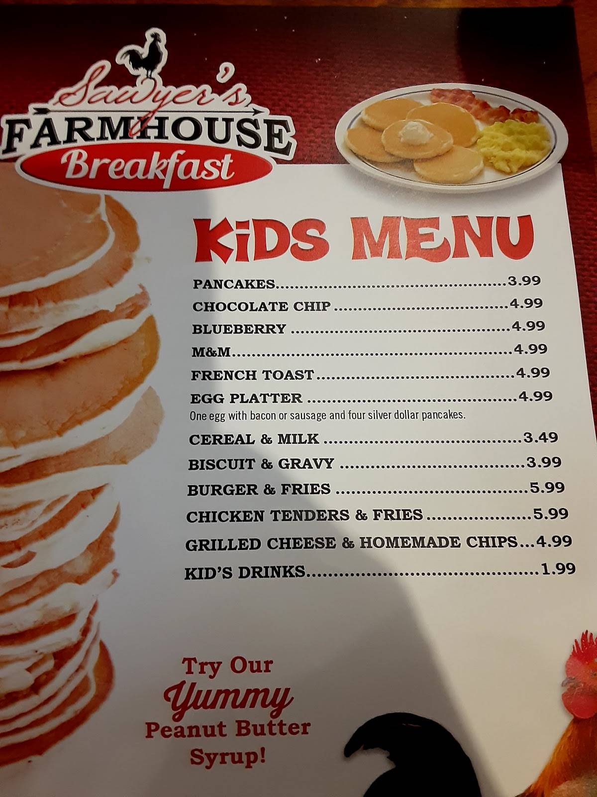 Menu at Sawyer's Farmhouse Breakfast restaurant, Pigeon Forge