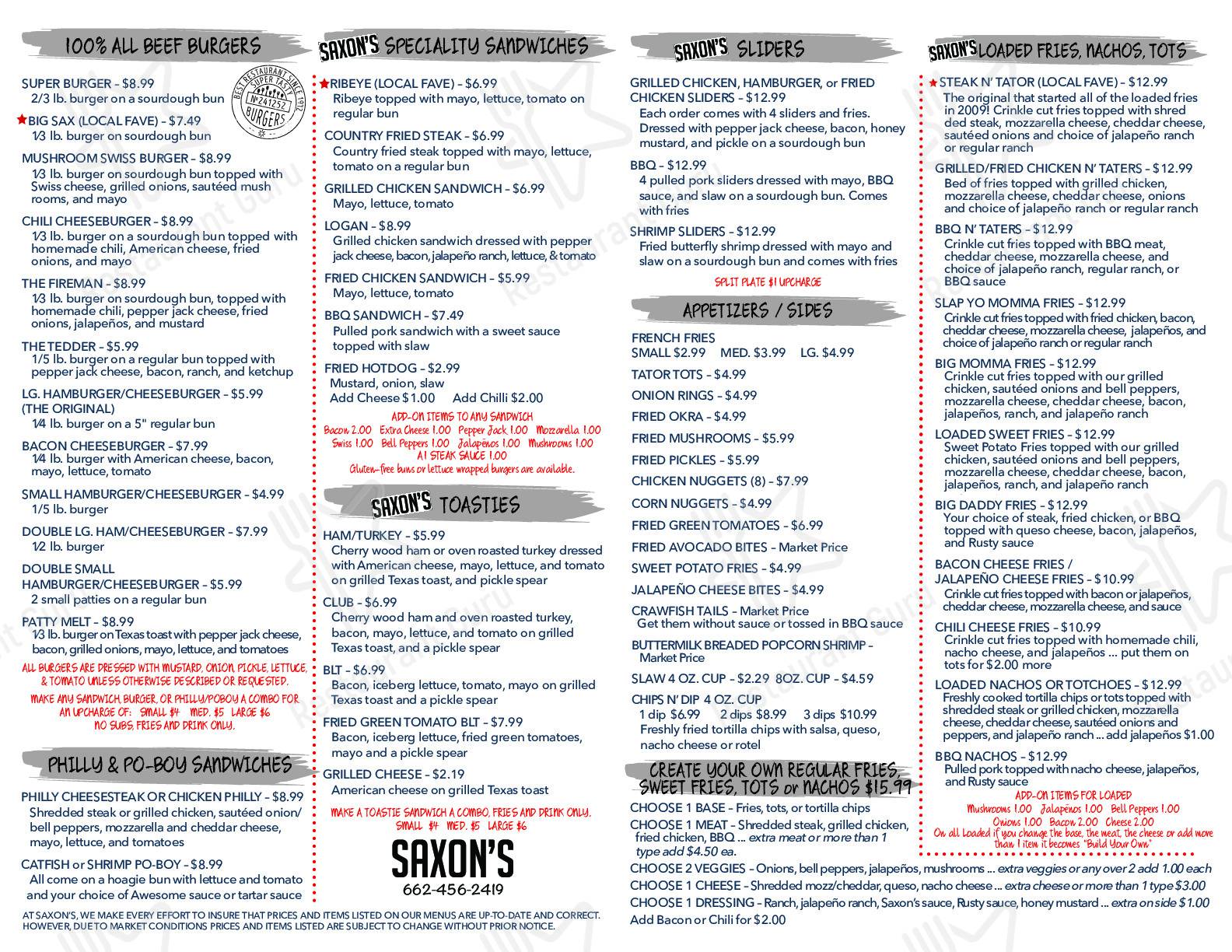Menu at Saxon's Drive In restaurant, Houston