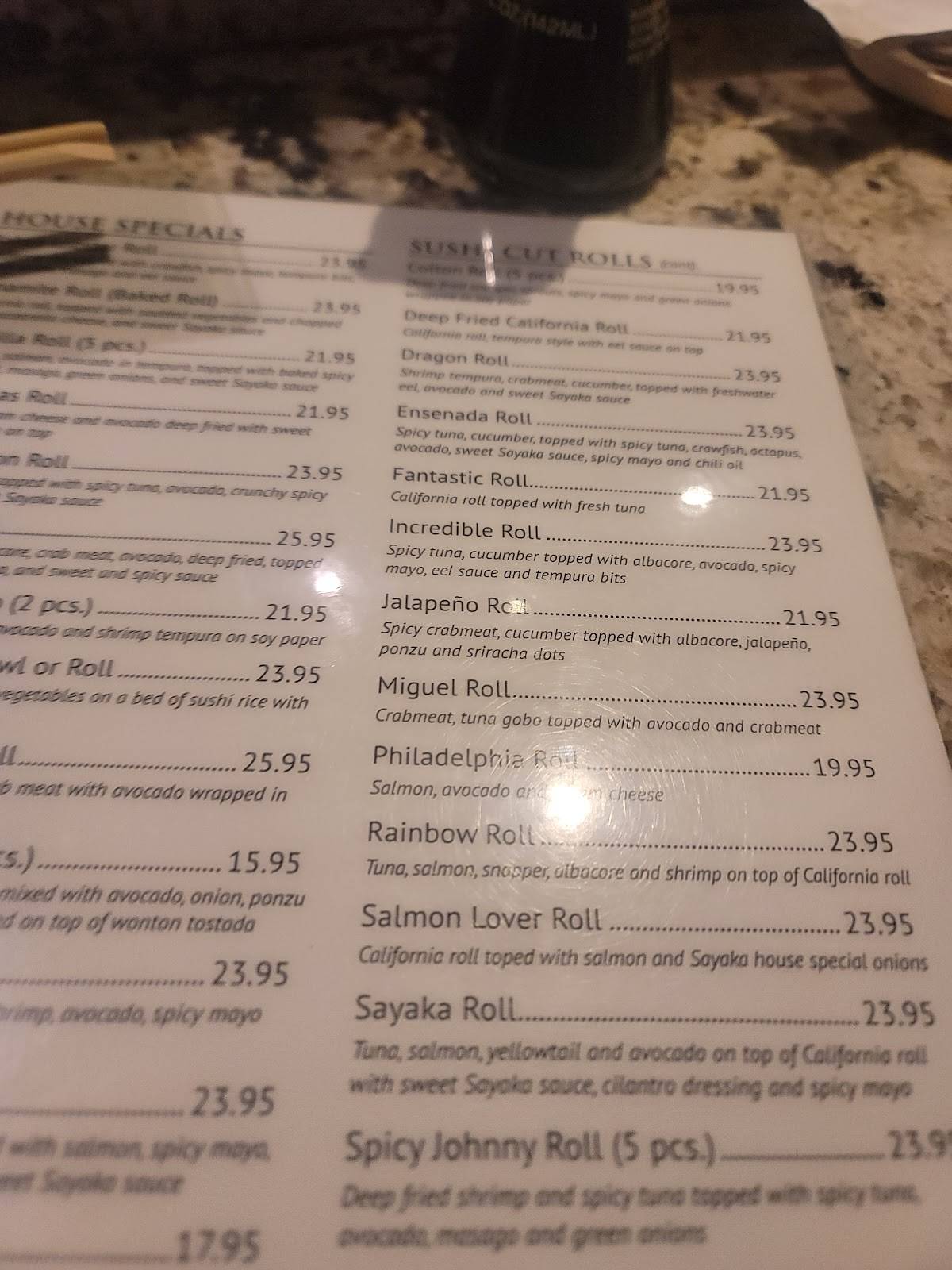 Carta de Sayaka Japanese Restaurant, Colton