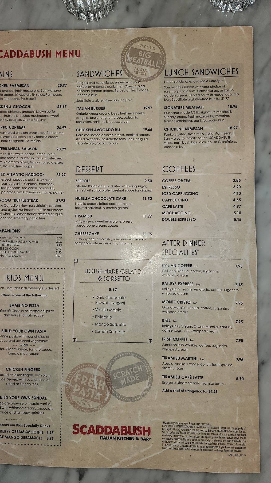 Menu at Scaddabush Italian Kitchen & Bar Vaughan, Toronto, 20 Colossus Dr