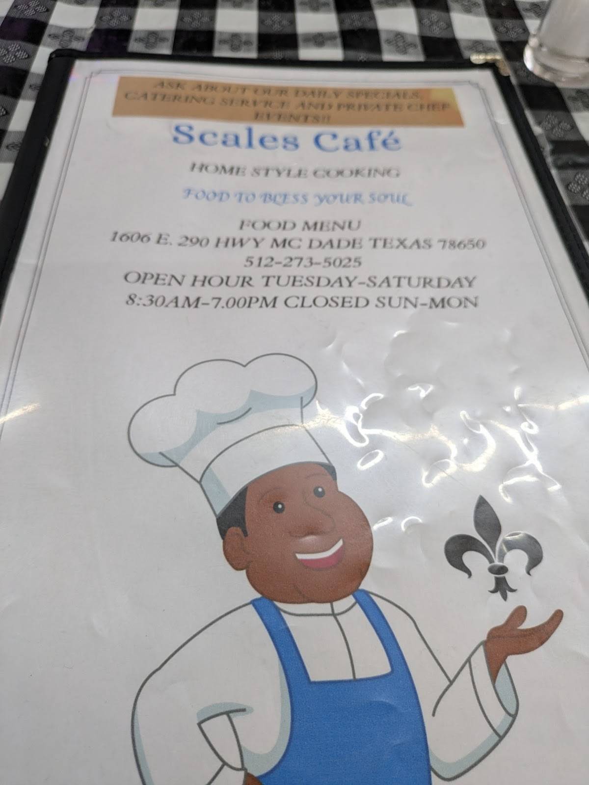 Menu at Scales Cafe, McDade