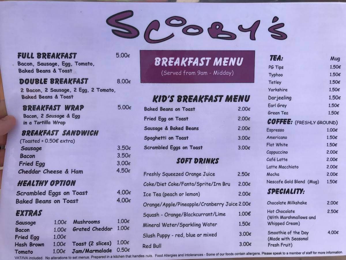 Menu em Scoobys Pool Bar, Albufeira