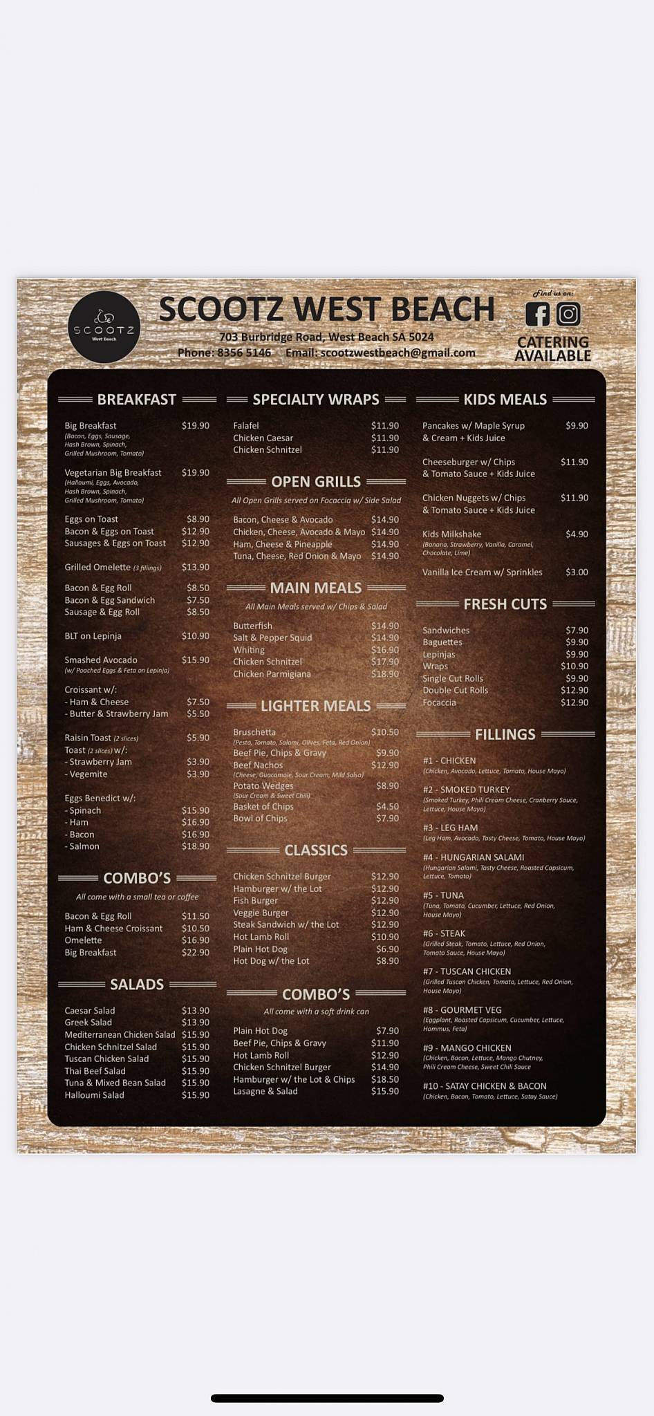 Menu at Scootz Cafe West Beach, West Beach