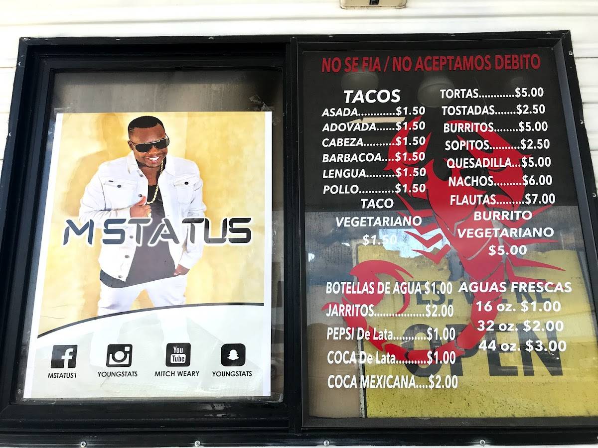 Menu at Scorpion Tacos restaurant, Yakima