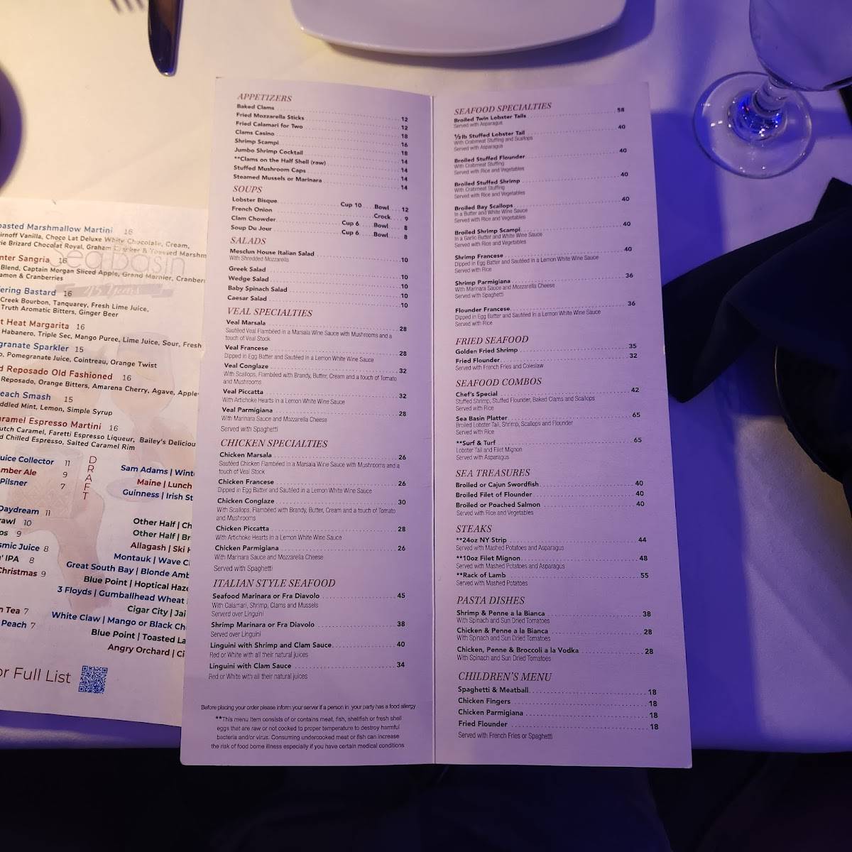Menu at Sea Basin restaurant, Rocky Point