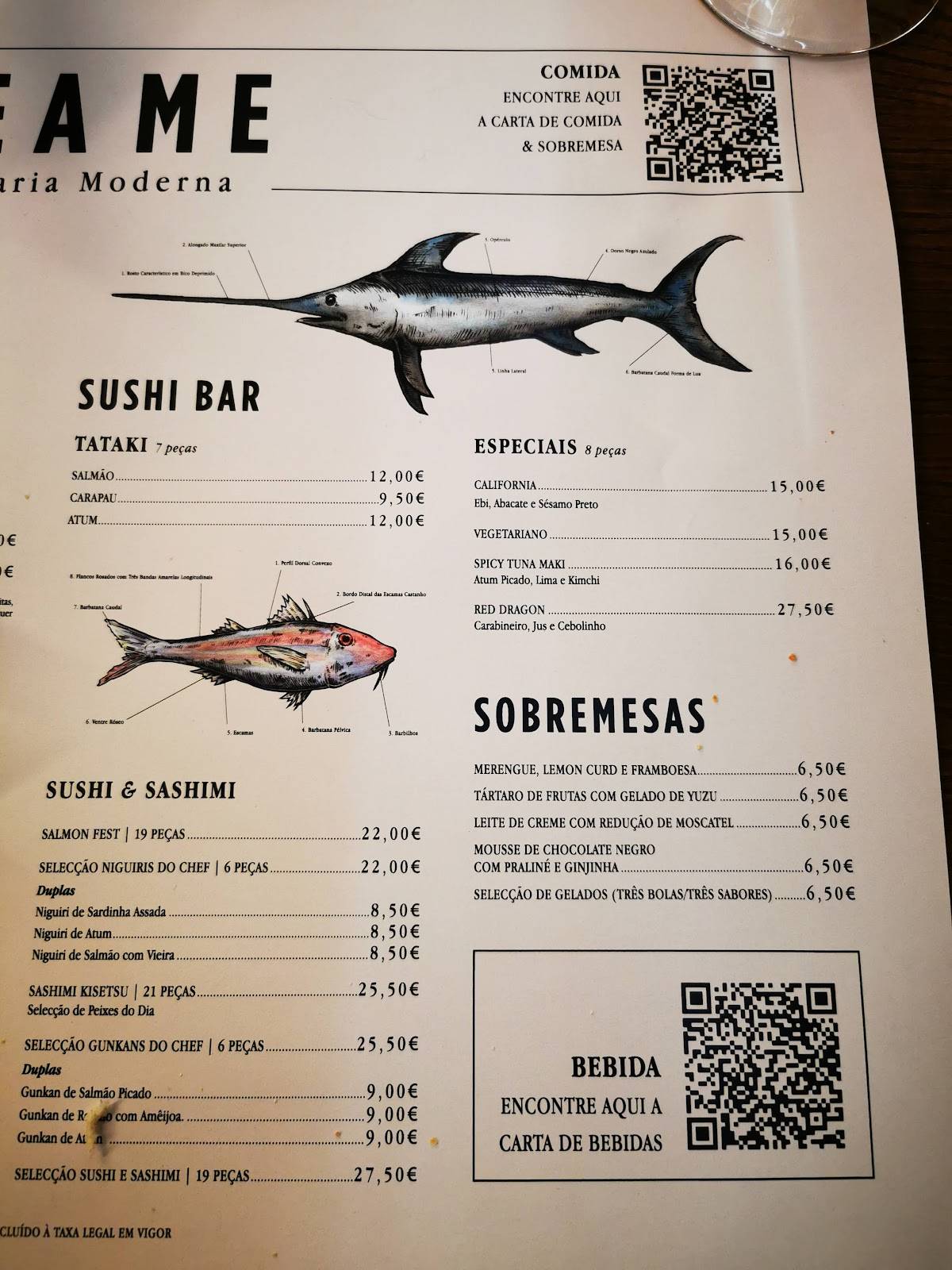 Menu at Sea Me Peixaria Moderna restaurant, Lisbon, Rua do Loreto 21