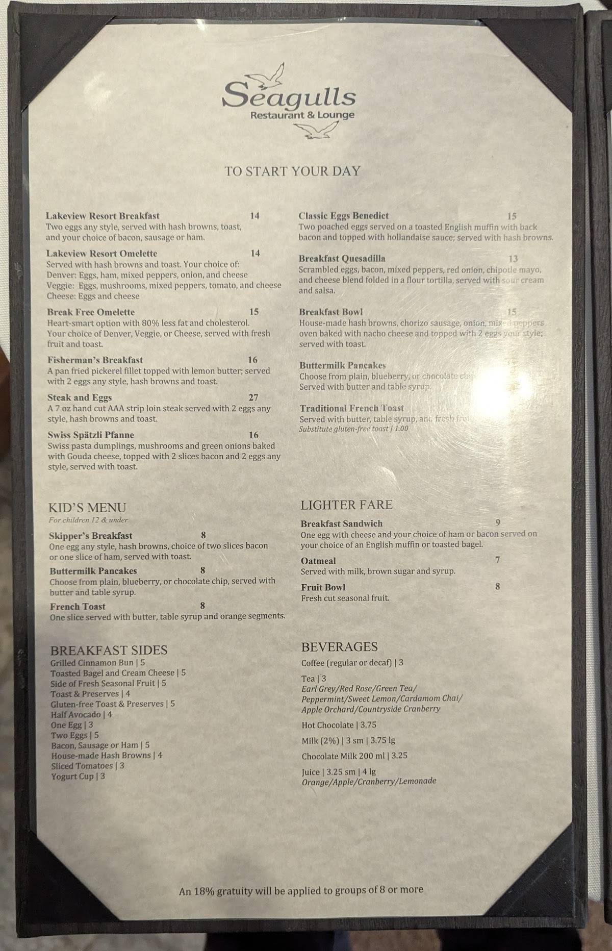 Menu at Seagulls Restaurant & Lounge, Gimli