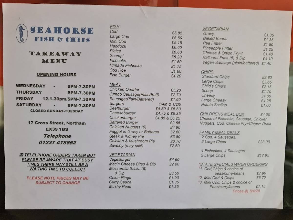 Menu at Seahorse Fish and Chips restaurant, Bideford