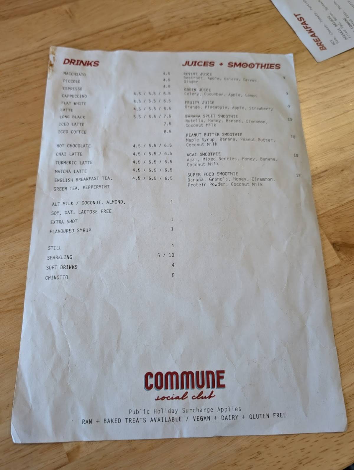 Menu at Commune 1 cafe, Seaton
